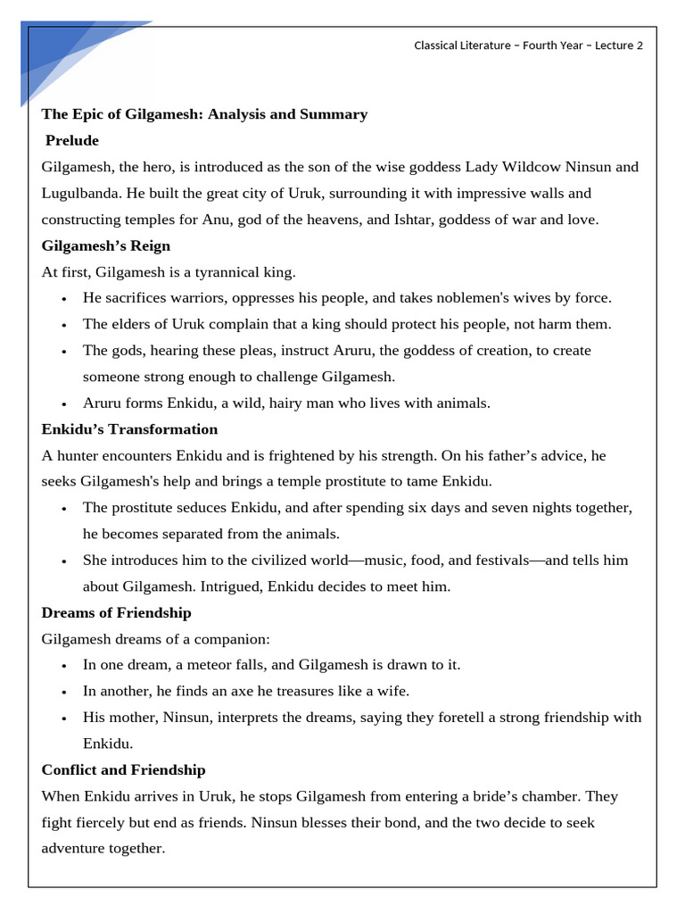 Classical literature - lecture 2- Fourth year | PDF | Epic Of Gilgamesh ...