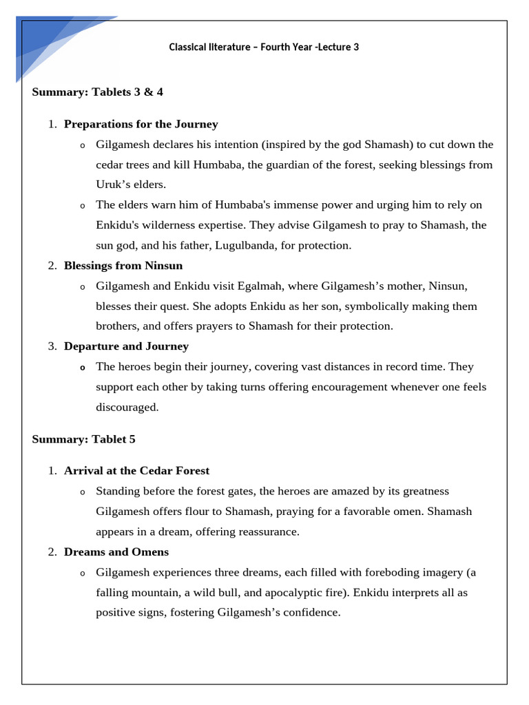 Classical Literature - Lecture 3 - Fourth Year | PDF | Epic Of Gilgamesh