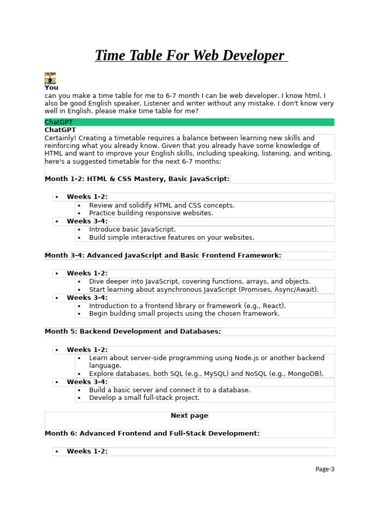 Time Table For Be Come A Web Developer | PDF | Java Script | World Wide Web