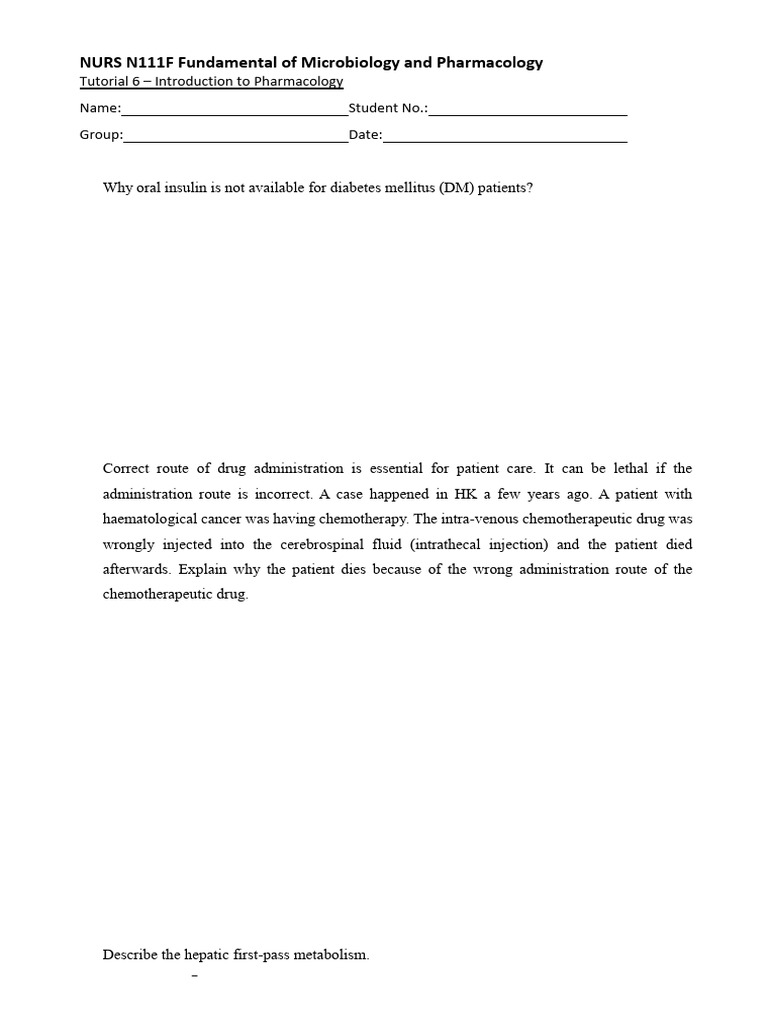 NURS N111F - T6 - Intro To Pharm - Ans | PDF | Liver | Insulin