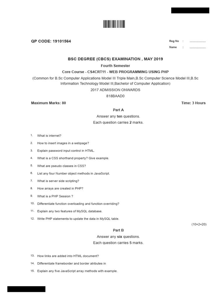 Bsc Bca 4 Sem Web Programming Using Php 19101564 May 2019 | PDF | Php ... Bsc Bca 4 Sem Web Programming Using Php 19101564 May 2019 | PDF | Php ...