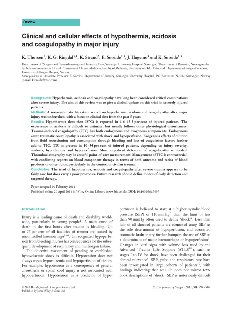 Hypothermia, Acidosis, and Coagulopathy in Trauma | PDF | Coagulation ...