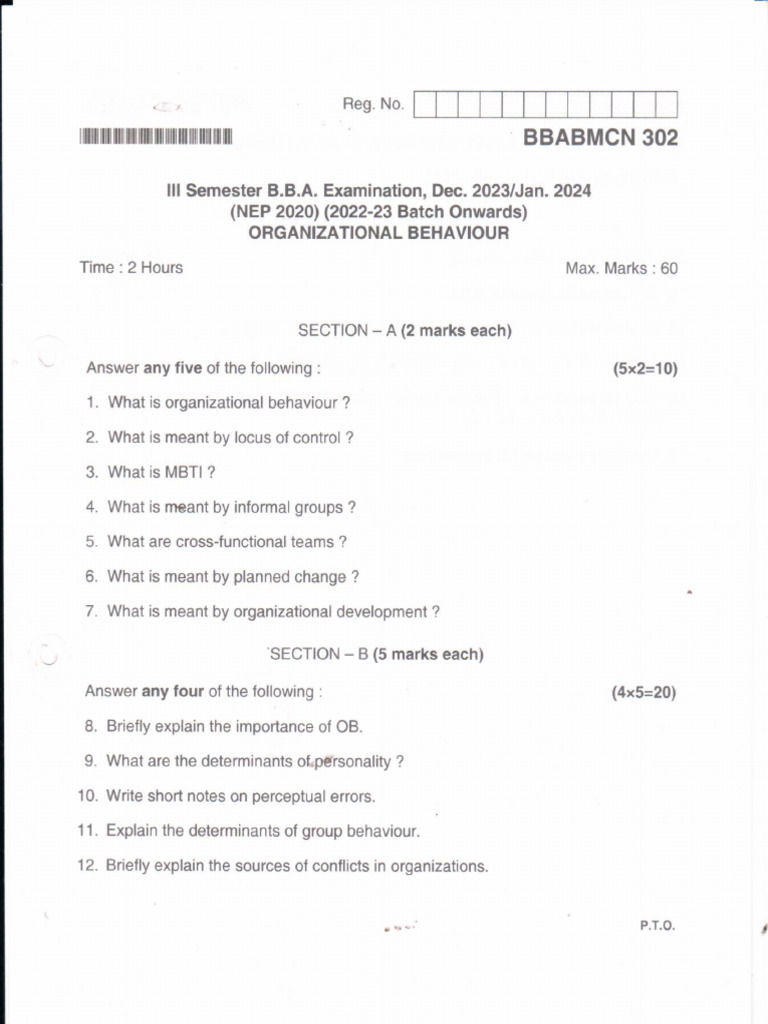 BBA III Semester Organizational Behaviour NEP Jan 2024 | PDF