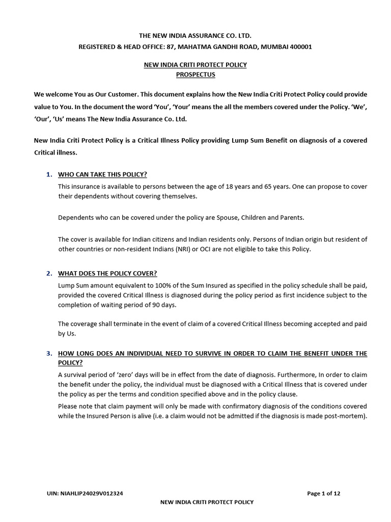New India Criti Protect Policy Overview | PDF | Insurance | Medicine