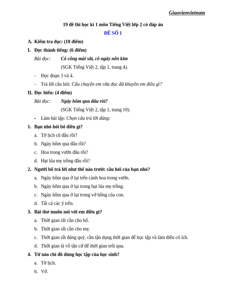 19 de Thi Hoc Ki 1 Mon Tieng Viet Lop 2 Co Dap An 2 | PDF