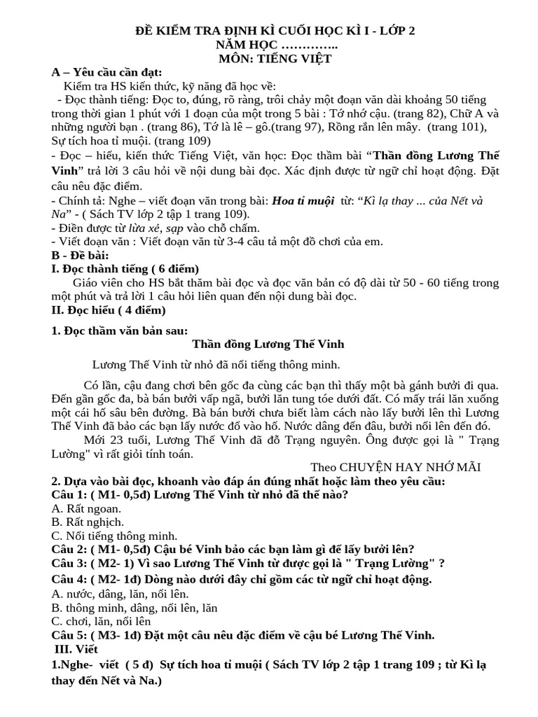 De Thi Cuoi HK1 Tieng Viet 2 Ket Noi | PDF