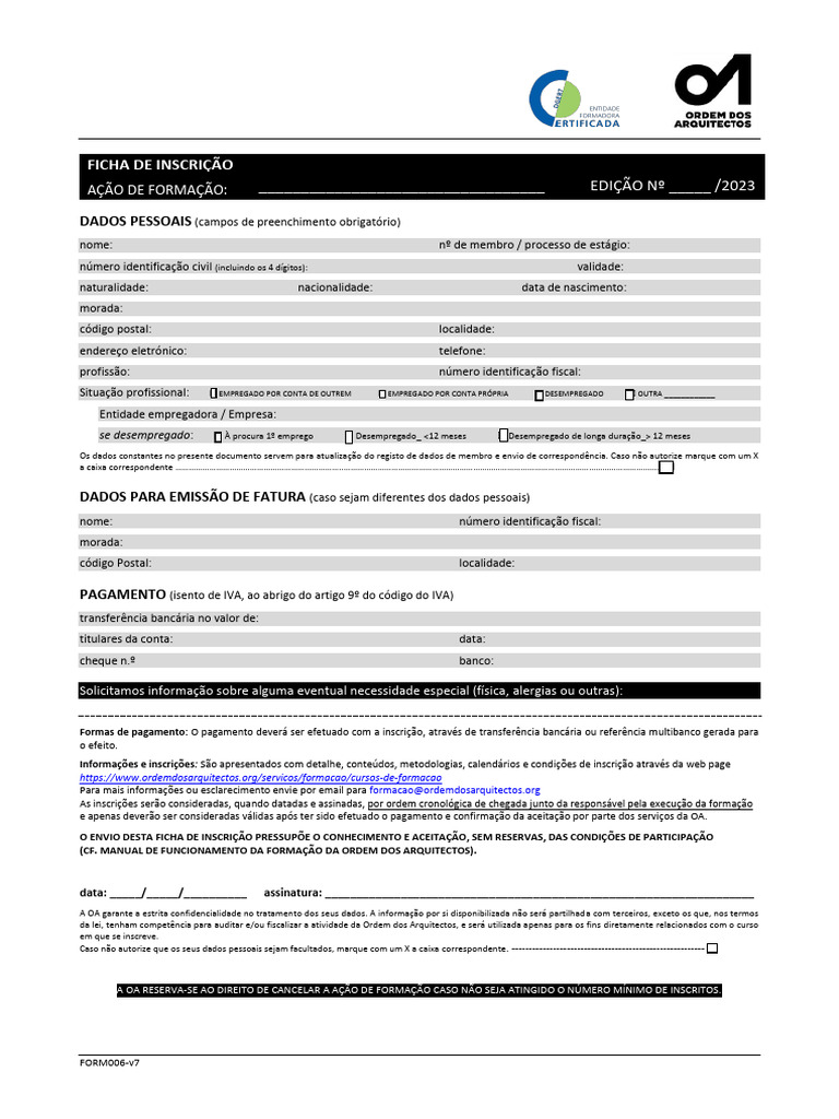 FORM 006 v7 Ficha de Incricao2023 C A8ad8bf8c3 | PDF | Imposto sobre Valor Agregado (IVA ...
