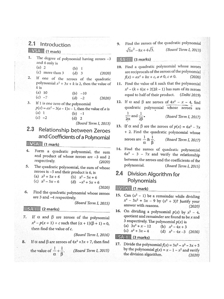 Class 10 Polynomials Pyq's | PDF