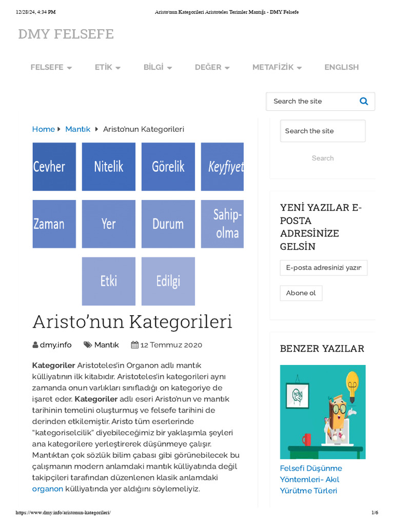 Aristo'nun Kategorileri Aristoteles Terimler Mantığı - DMY Felsefe | PDF