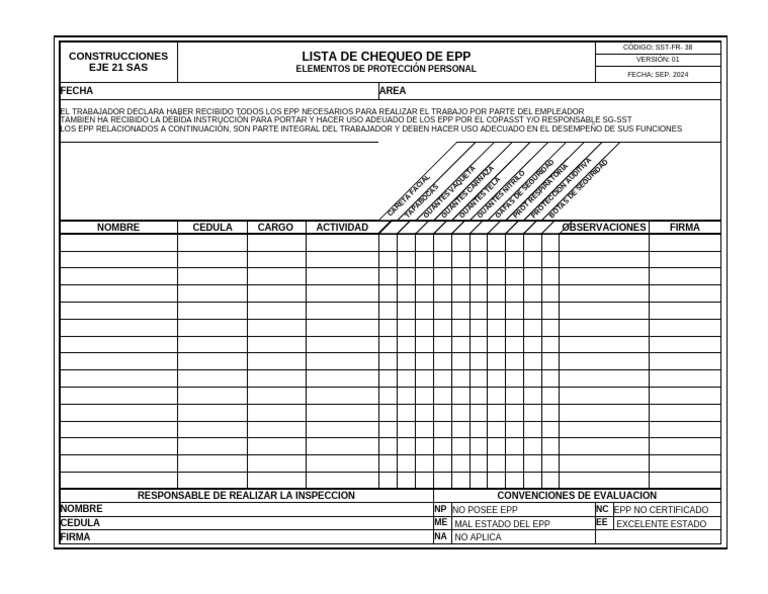 SST-FR - 38 Listado de Chequeo de Epp | PDF