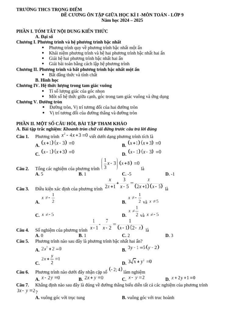 ĐÈ CƯƠNG ÔN TẬP GK1 - Toán 9 | PDF