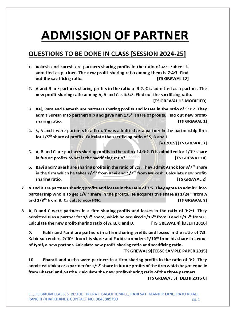 Admission of Partner Session 2024-25 | PDF | Balance Sheet | Goodwill ...