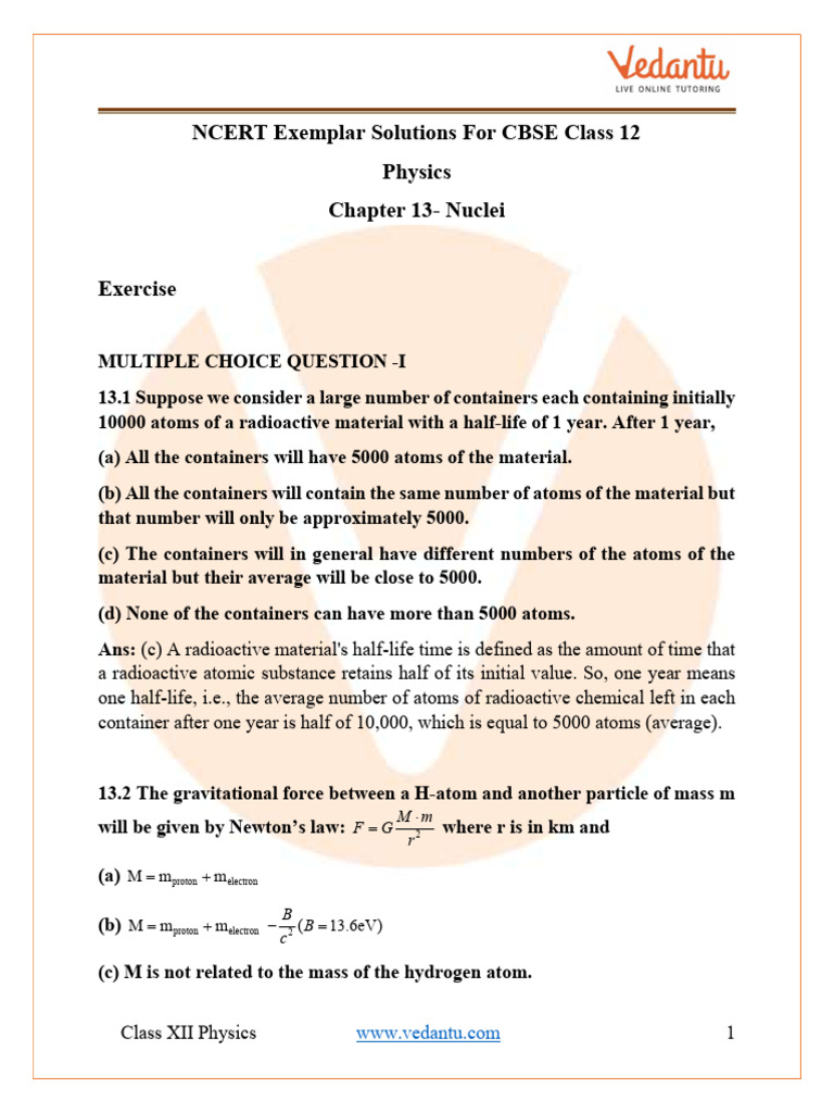 NCERT Exemplar for Class 12 Physics Chapter 13 - Nuclei (Book Solutions) | PDF | Atomic Nucleus ...