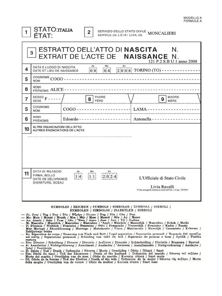 Estratto-di-nascita-plurilingue-Alice-Cogo | PDF