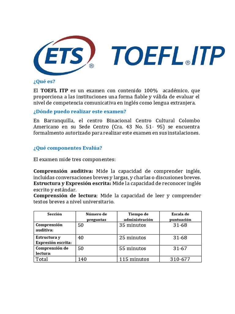 Examen TOEFL ITP: Fechas y Detalles | PDF | Prueba de Inglés como ...