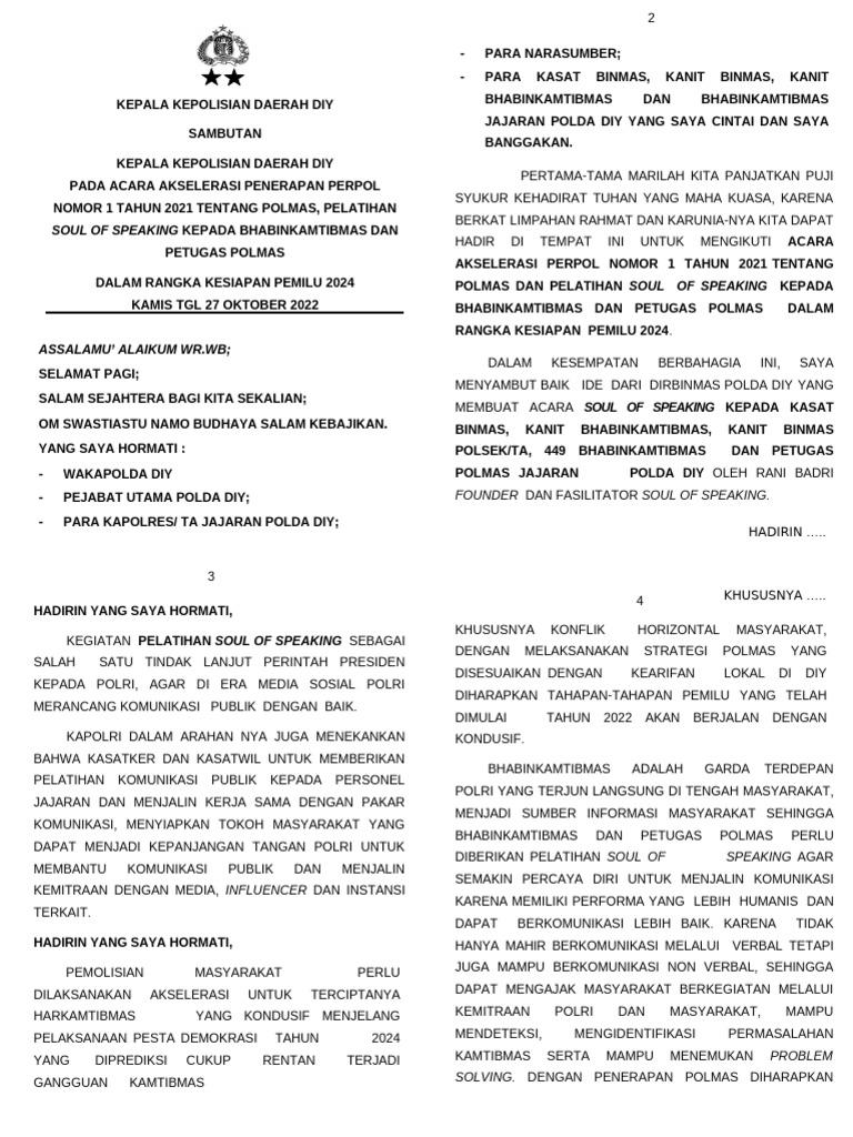 Sambutan Kapolda Diy Soul of Speaking Binmas | PDF