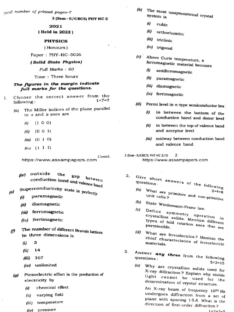 BSC 5 Sem Physics Solid State Physics Phy HC 5026 2022 | PDF