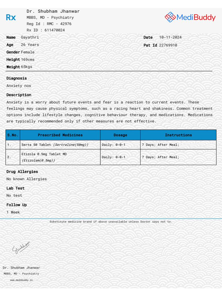 Medibuddy-Psychiatry 10nov2024 RX 34553710 1731250312589 | PDF