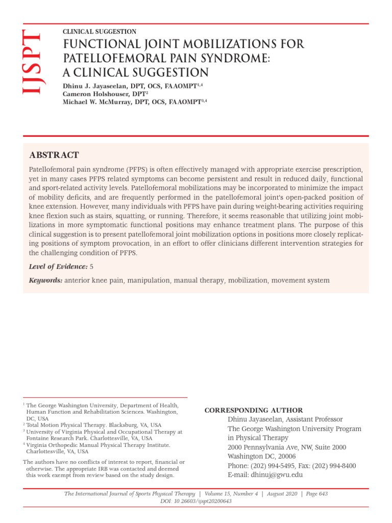 Functional Joint Mobilizations For Patellofemoral Pain Syndrome - A ...