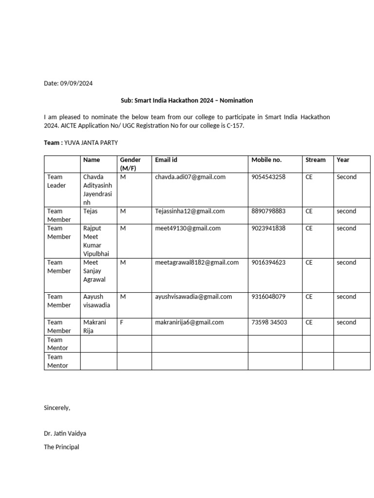 Sih Team Registration Format 2 | PDF