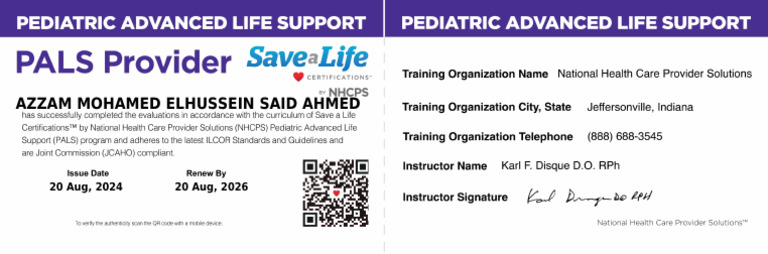 Pals Pediatric Advanced Life Support Certification Course Card | PDF