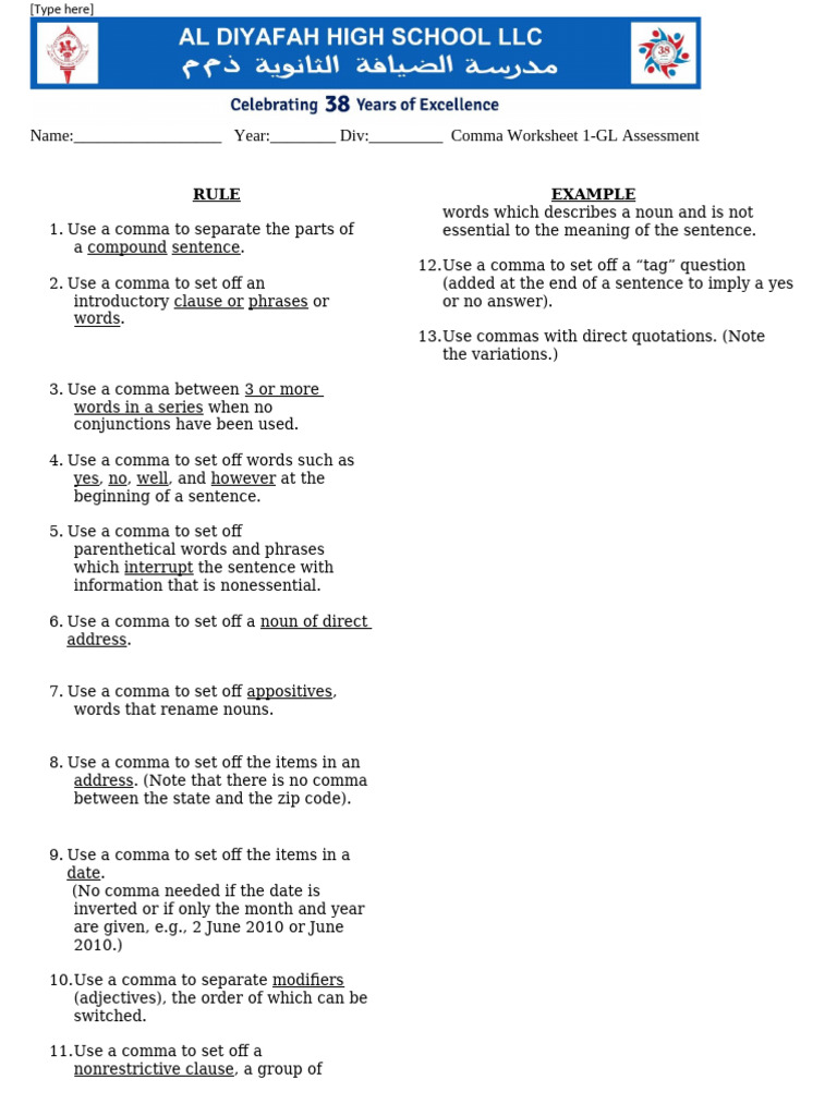 Comma Rules and Usage Worksheet | PDF | Comma | Grammar