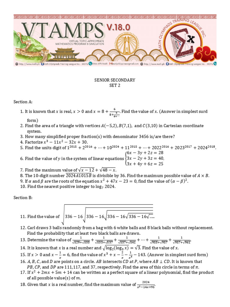 VTAMPS 18 SS Set 2 | PDF | Euclidean Geometry | Abstract Algebra