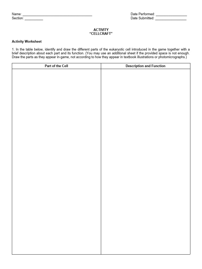 CellCraft Activity Worksheet Updated | PDF