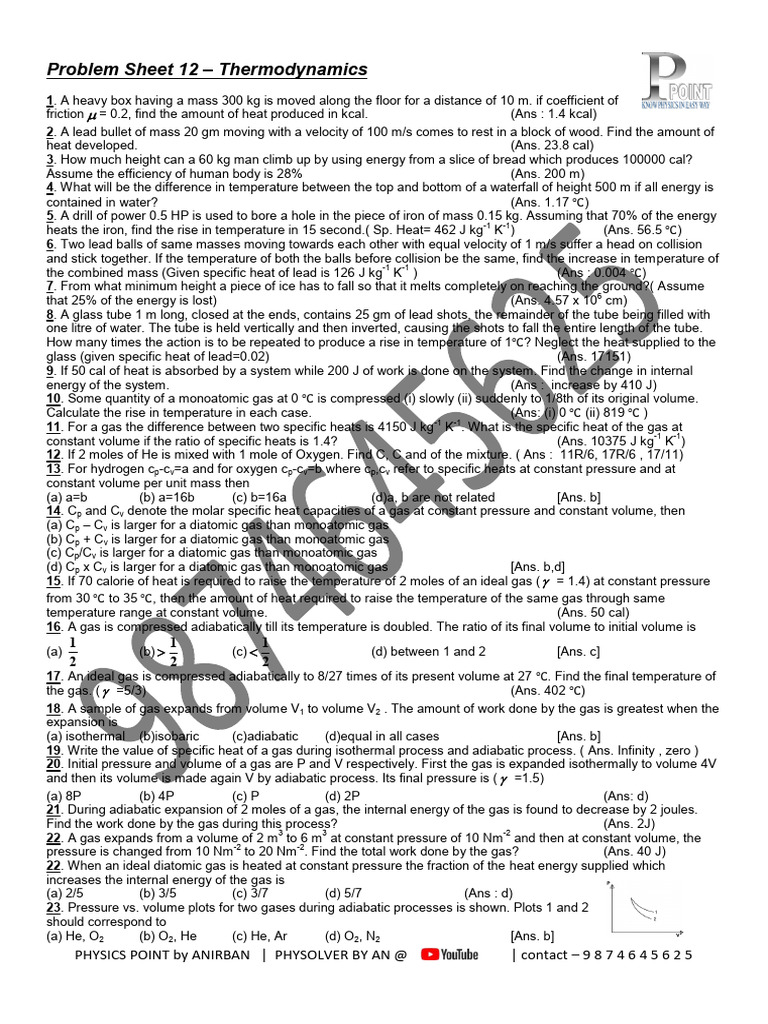 Problem Sheet 12 thermodynamics | PDF | Gases | Heat
