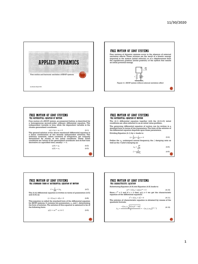 Free Motion and Harmonic Excitation of SDOF Systems | PDF | Damping | Mathematical Objects