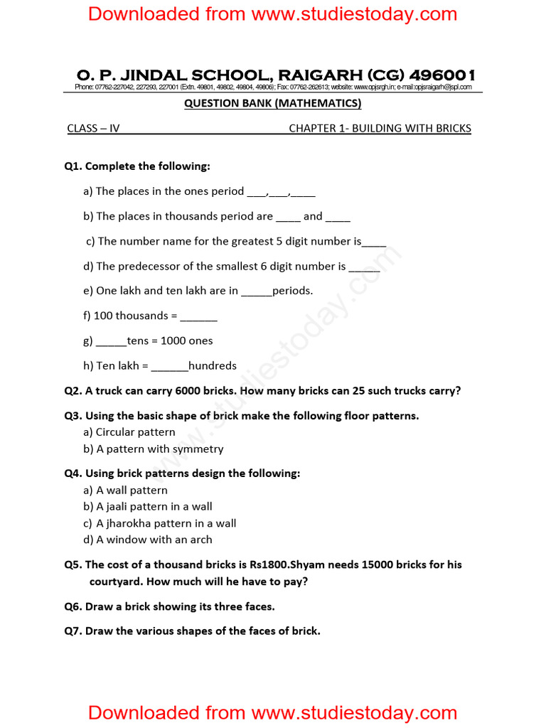 CBSE Class 4 Mathematics Assignment-Building With Bricks | PDF