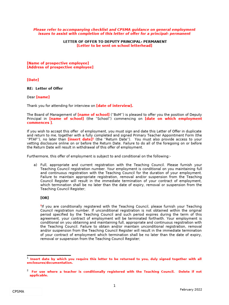 Deputy Principal Offer Letter Template | PDF | Teachers | Curriculum