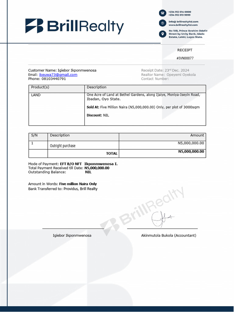 Bethel Gardens Outright Payment Receipt For Igiebor Ikponmwenosa | PDF