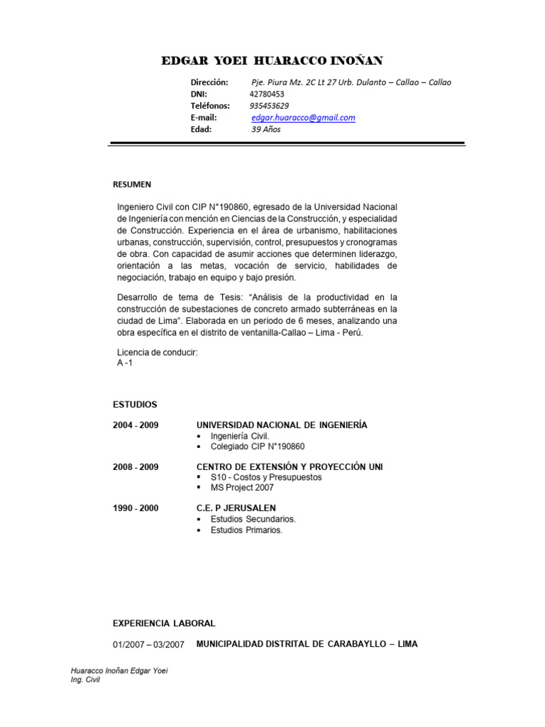 CV Huaracco Edgar (1) | PDF | Lima | Ingeniería