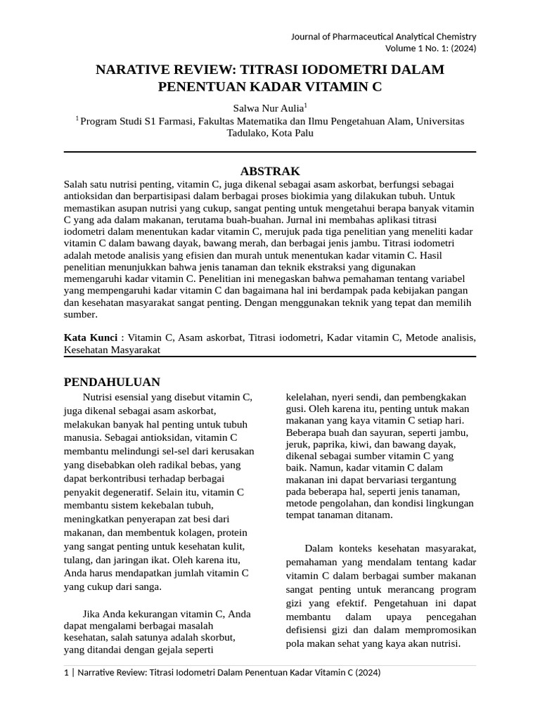 Jurnal Narative Text Titrasi Iodometri Dalam Penentuan Kadar Vitamin C - 2024 (1) .... | PDF