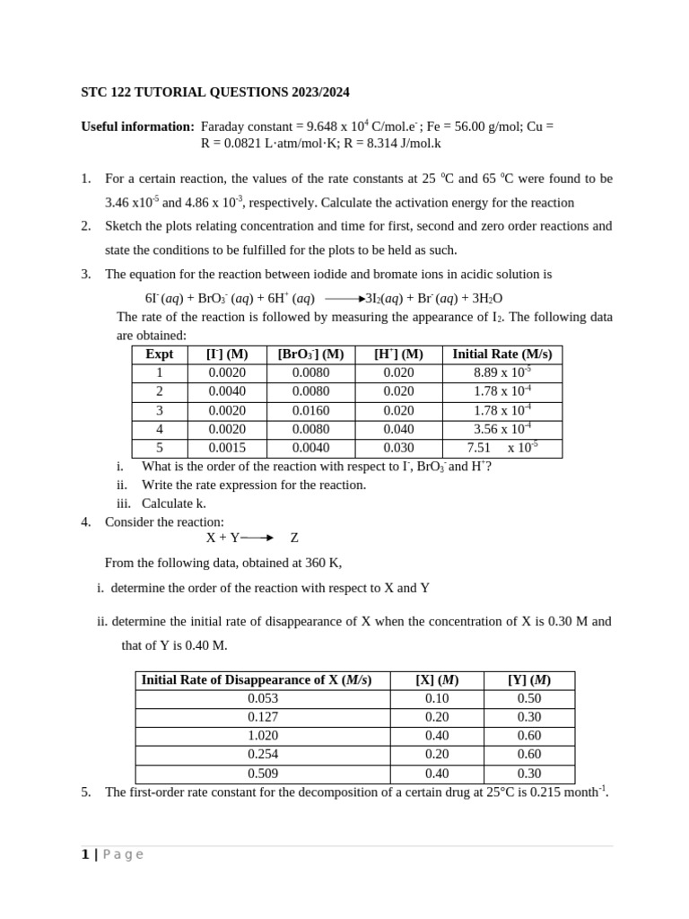 STC 122 TUTORIAL QUESTIONS 2023 2024 | PDF | Chemistry | Physical Chemistry