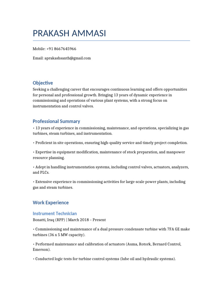 Prakash Ammasi Instrument Technician Resume | PDF | Instrumentation | Energy Technology