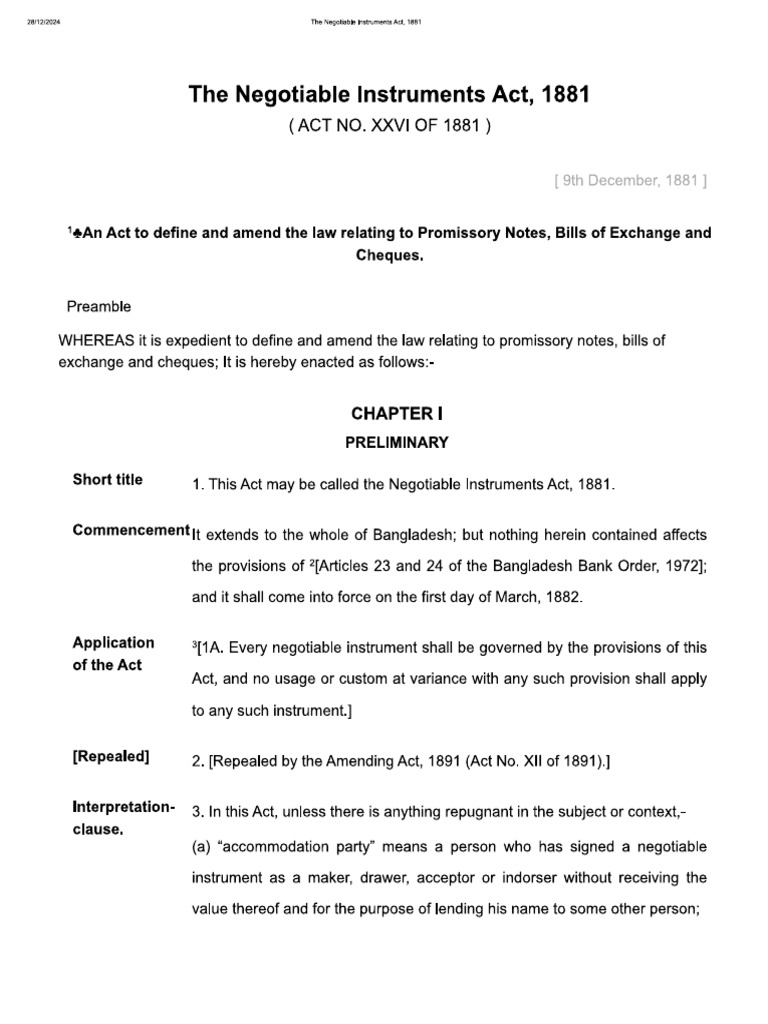 The Negotiable Instruments Act, 1881 | PDF