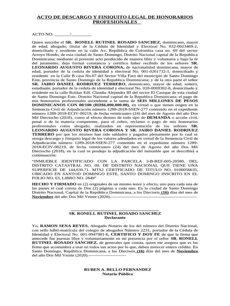 RECIBO DE DESCARGO Y FINIQUITO LEGAL RONNER RUTINEL | PDF | República ...