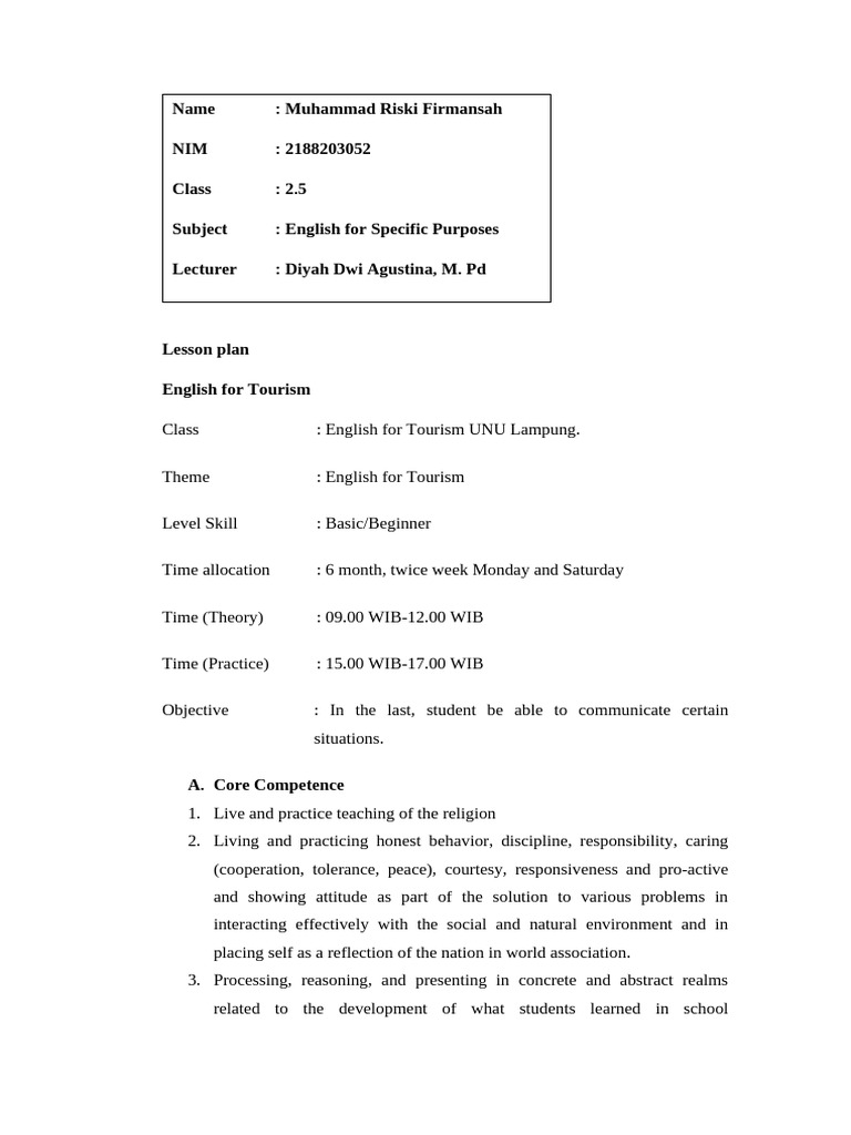 ESP Lesson Plan English For Tourism | PDF | Tourism | English Language