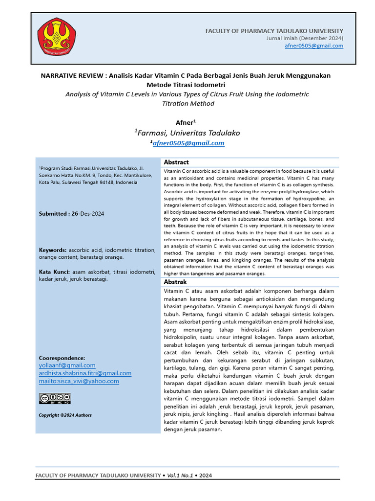 Analisis Kadar Vitamin C Pada Berbagai Jenis Buah Jeruk Menggunakan Metode Titrasi Iodometri | PDF