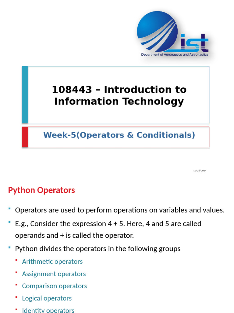 Week5(Operators & Conditionals) | PDF | Logic | Computer Programming