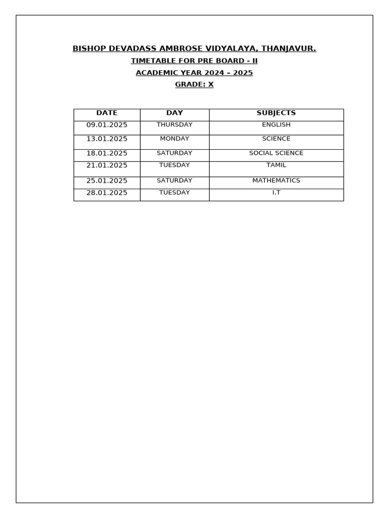 Pre Board - II Timetable | PDF
