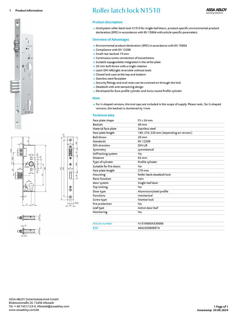 3.1 Lock - ASSA ABLOY, Serie N1510 | PDF