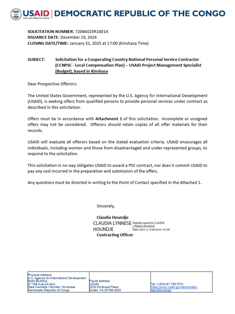 Solicitation - USAID Project Management Specialist (Budget), FSN-11 CH ...