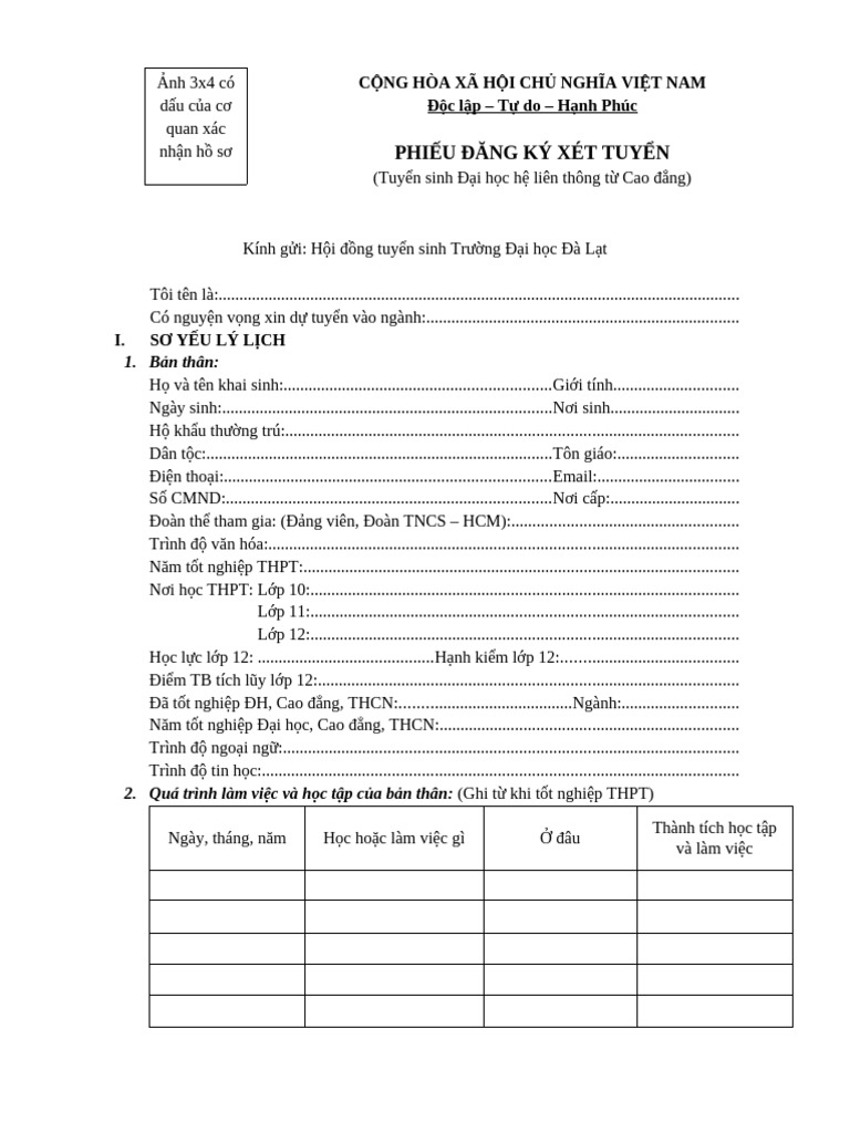 Phieu Dang Ky Xet Tuyen Lien Thong | PDF