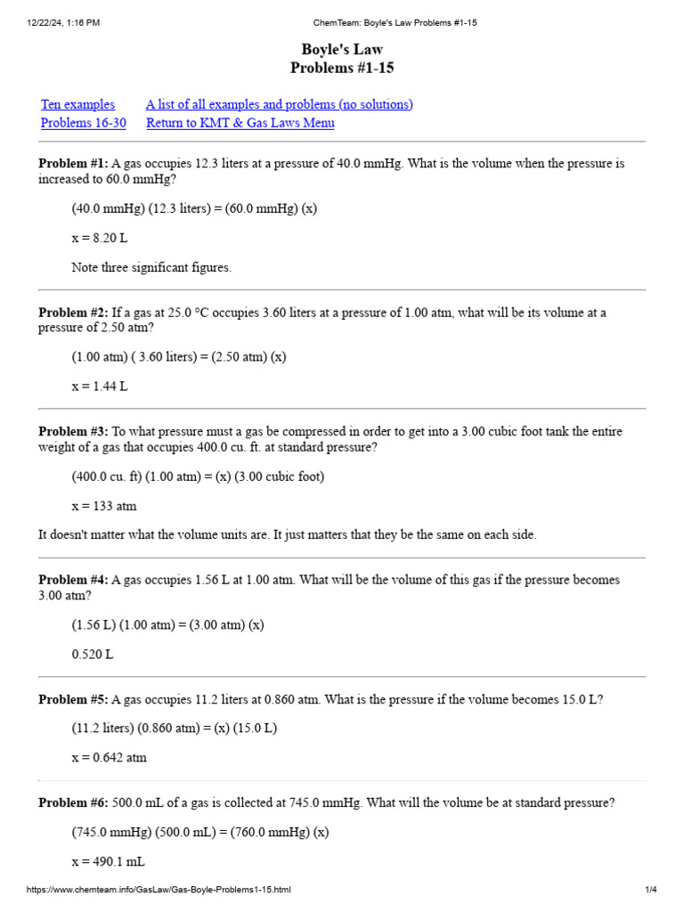 ChemTeam - Boyle's Law Problems #1-15 | PDF | Gases | Litre
