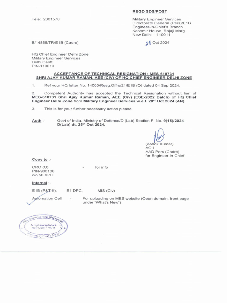 ACCEPTANCE OF TECHNICAL RESIGNATION DT 28 OCT 2024 | PDF
