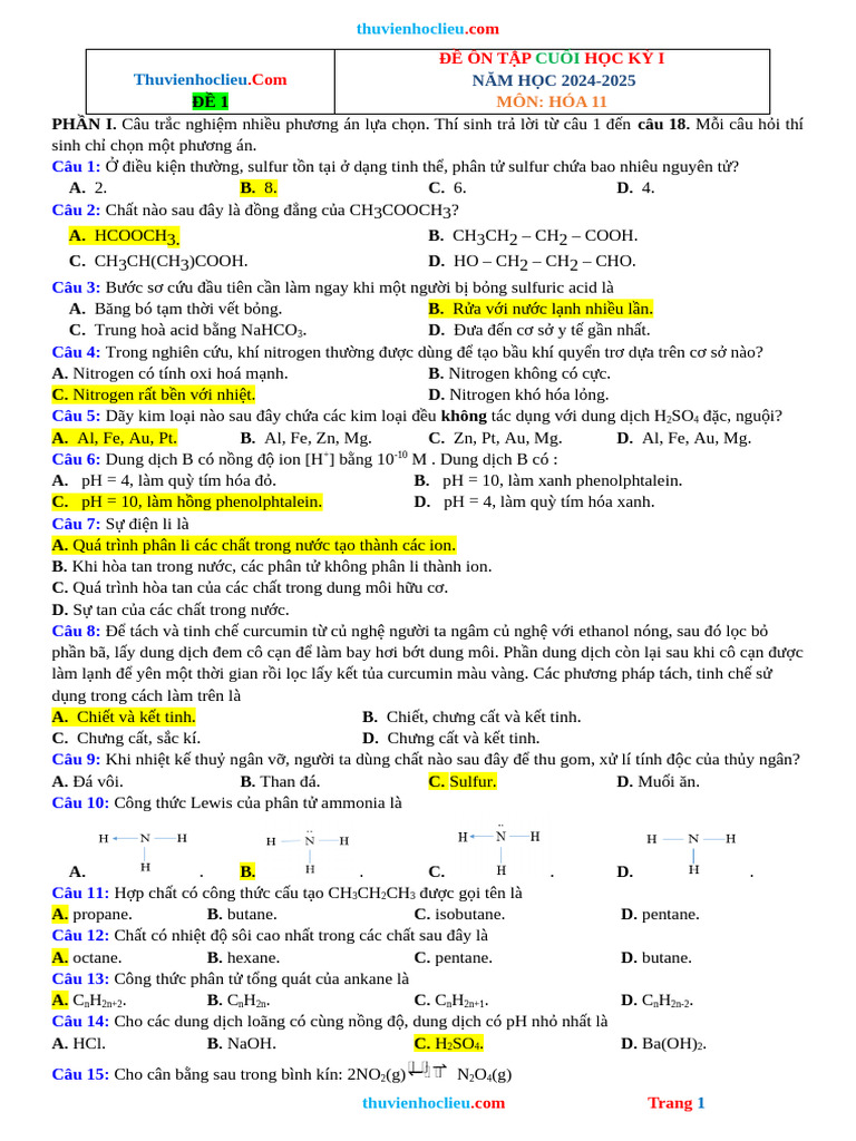 Bo de On Tap HK1 Hoa 11 CTST 24 25 | PDF