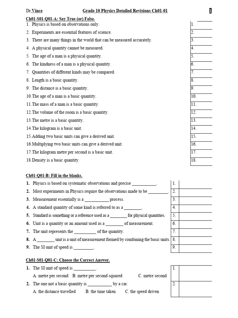 Vince Grade 10 Physics Detailed Revisions Ch01-01 Ch01-S01-Q01-A: Say True (Or) False | PDF ...